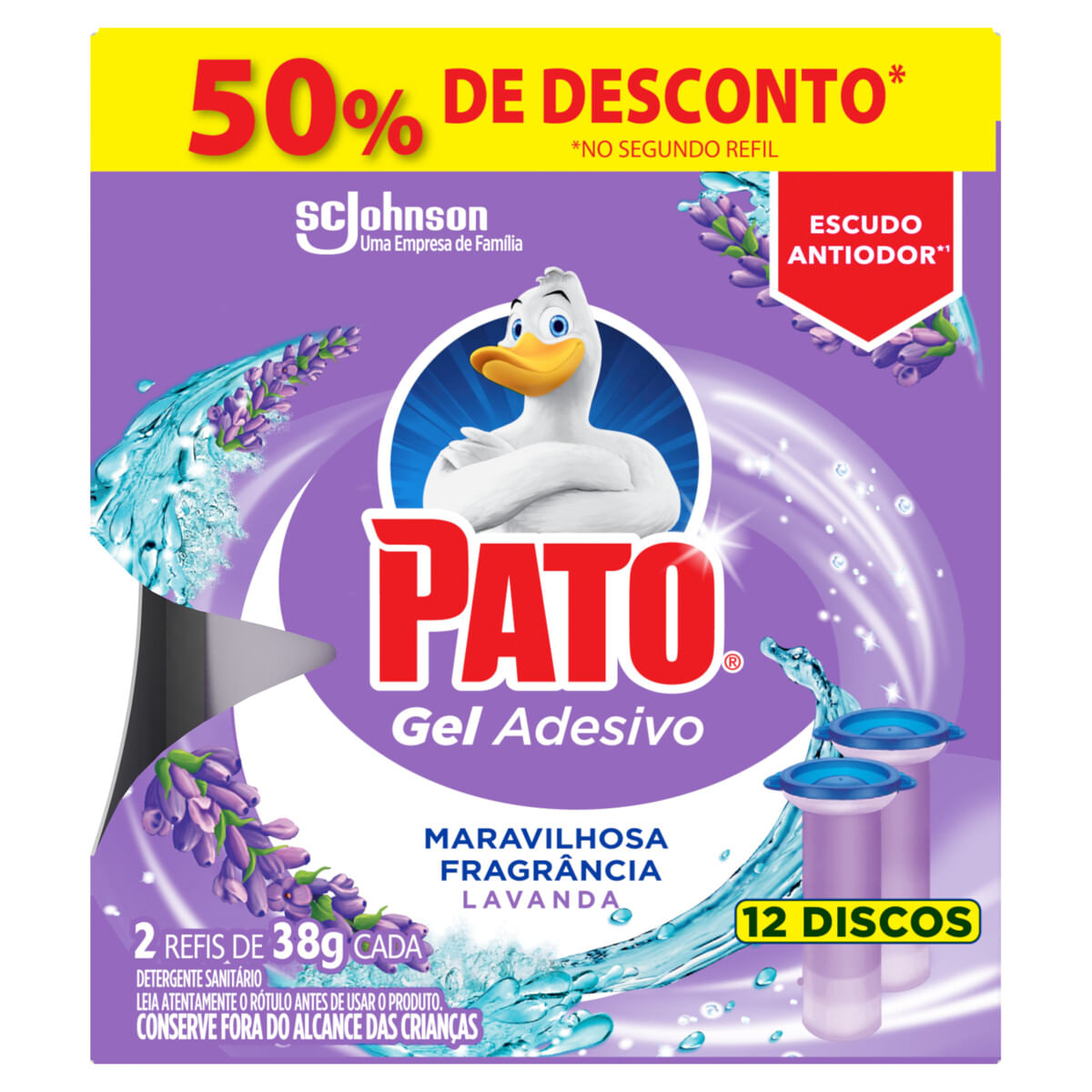 Desodorizador Sanitári PATO Gel Adesivo Lavanda 2 Refis 12 Discos 50% ...