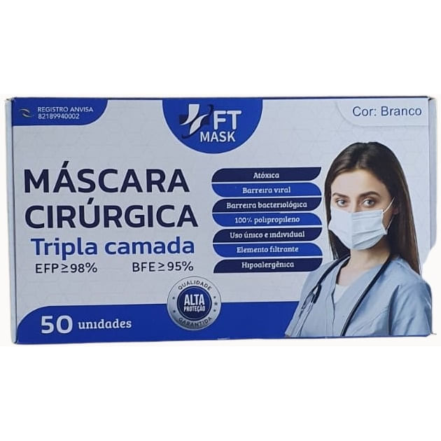 Máscara Tripla FT MASK Branca com 50 unidades - Angeloni Supermercado