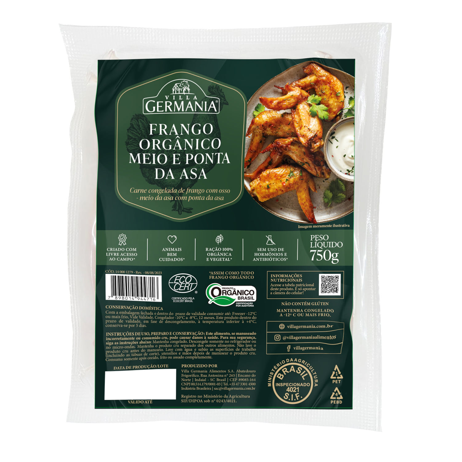 Meio e Ponta Asa Frango VILLA GERMANIA Orgânica Congelado 750g ...