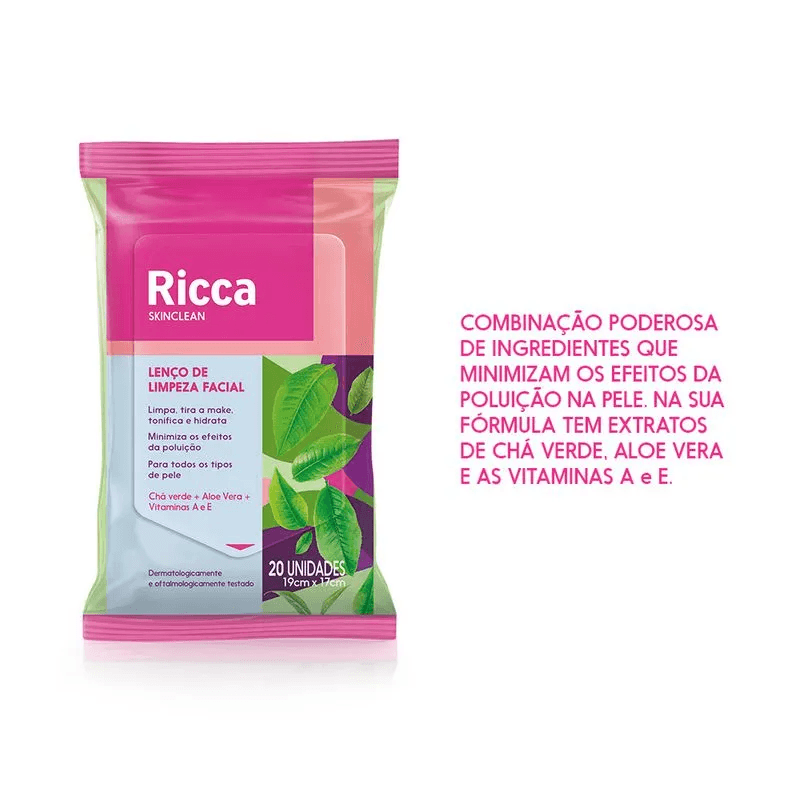 Lenço de Limpeza Facial RICCA com 20 Unidades